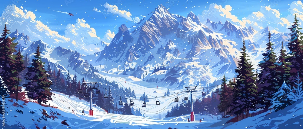 2D pixel art mountain landscape with snowy peaks, ski lifts, and ...