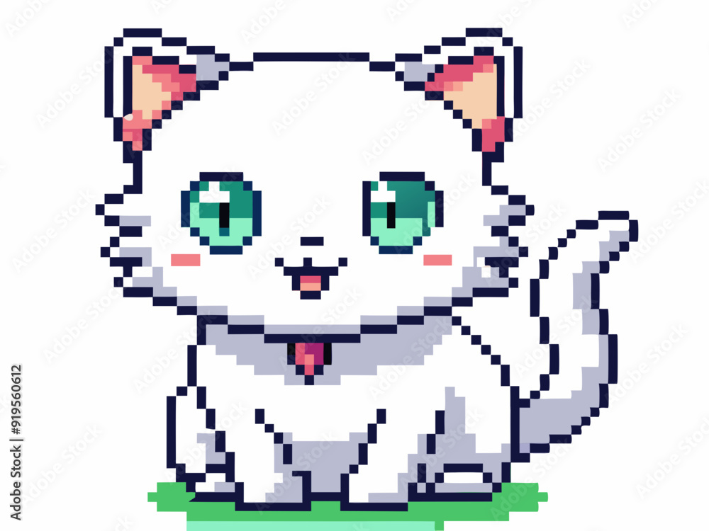 Cat pixel art. Kitten cute white kitty pet, 8 bit pixel style. Video ...