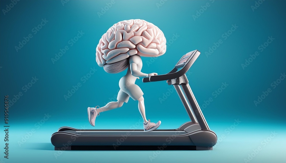 human brain character running on treadmill 3d render of mental exercise ...