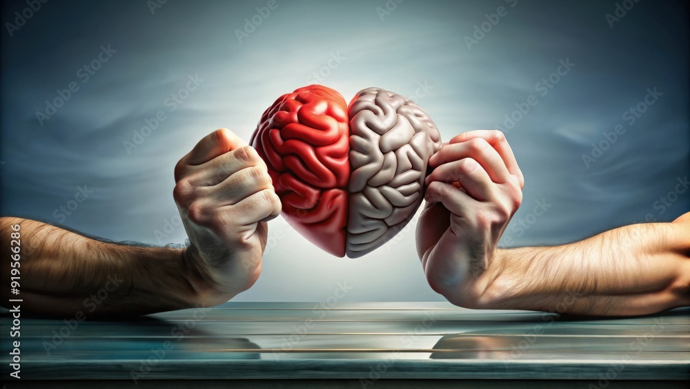 Heart and brain arm wrestling, representing the internal struggle ...