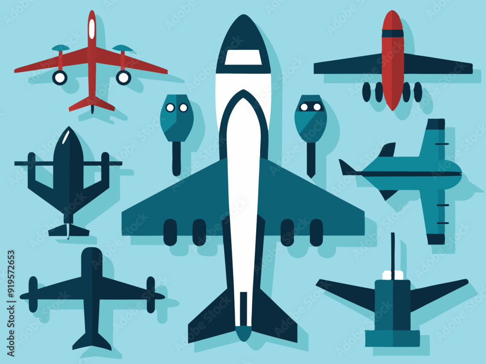 Airplane icons. Aircraft silhouettes flying jet, motor plane and drone ...
