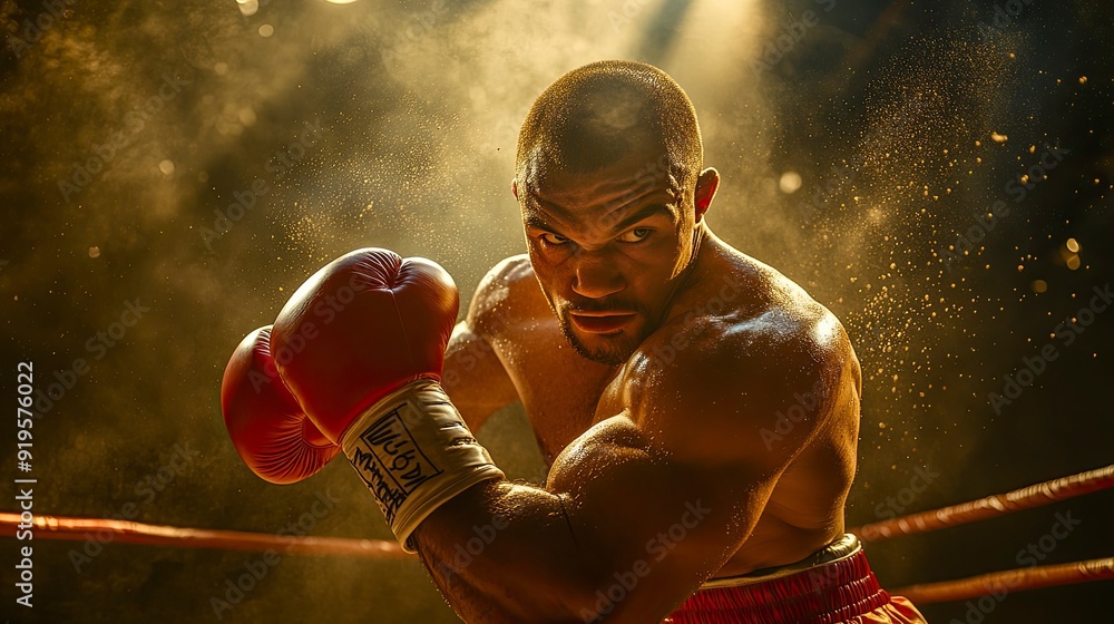 Color photo of a boxer throwing a punch, powerful motion with a ...
