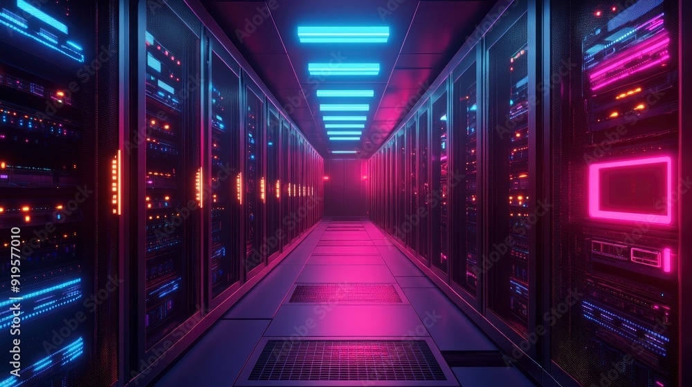 Color photo of an advanced AI server farm, rows of sleek machines with ...