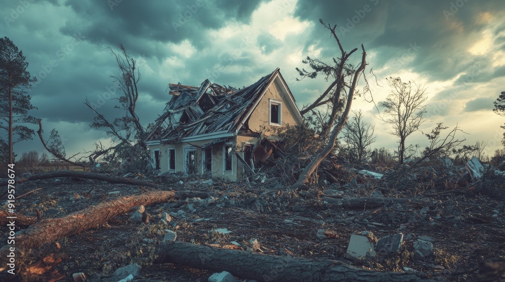 A house reduced to rubble after a powerful tornado, with trees uprooted ...