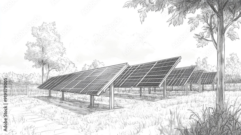 Pencil sketch of a solar panel array, precise and technical, rural ...