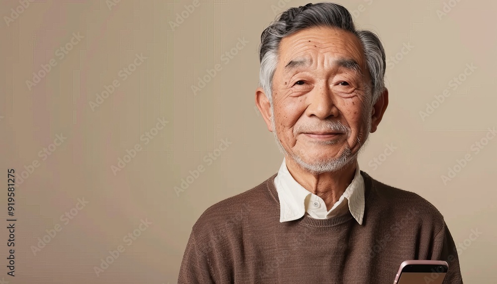 senior Asian man 70 years old with smartphone in hands, wearing casual ...