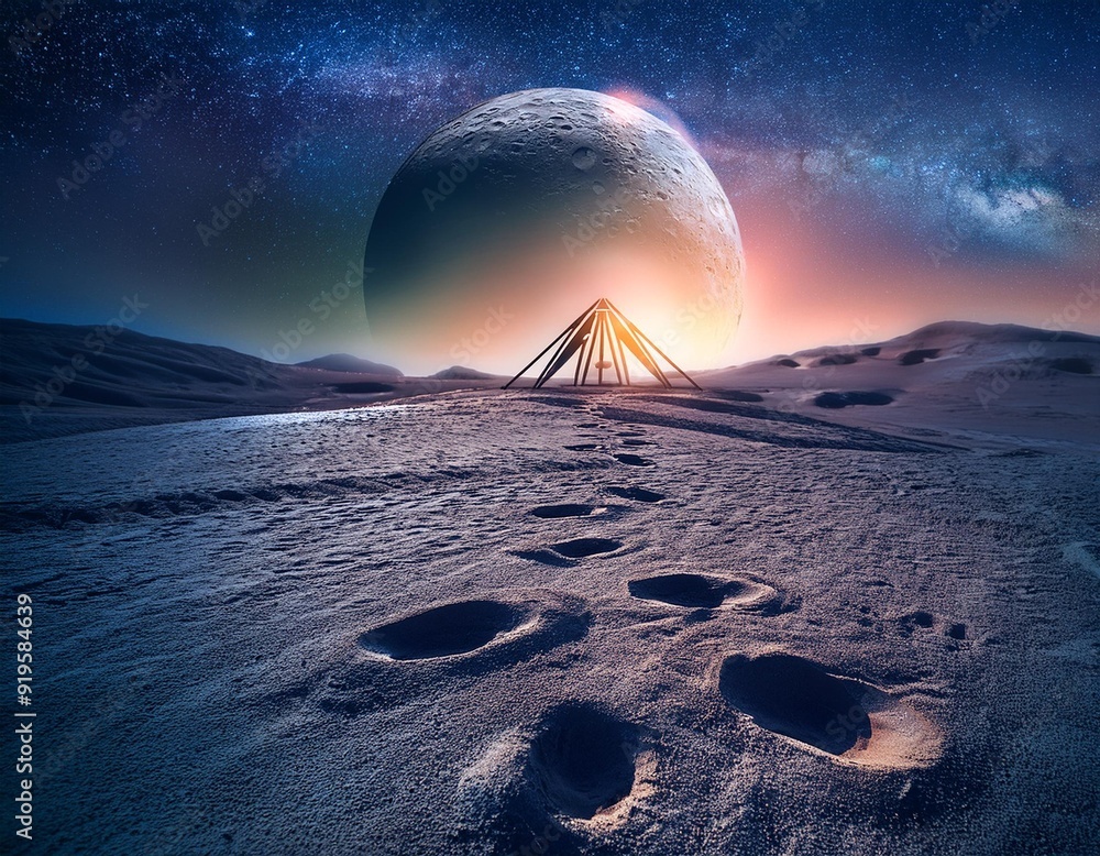 surreal lunar landscape with alien footprints leading to a mysterious ...