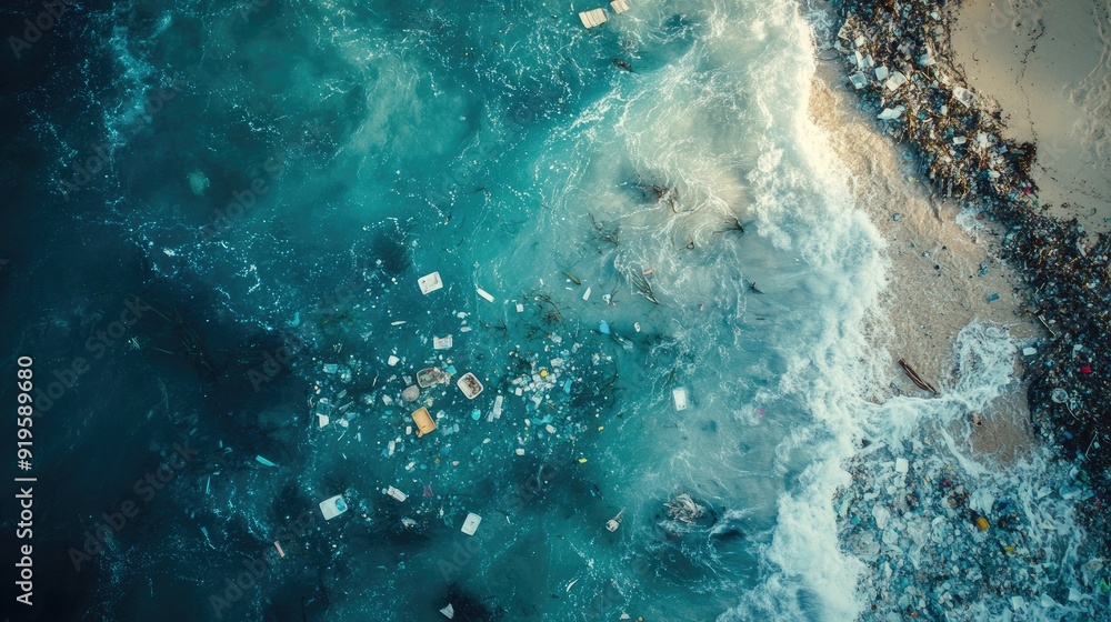 Aerial shot of a polluted ocean, with visible plastic and debris ...