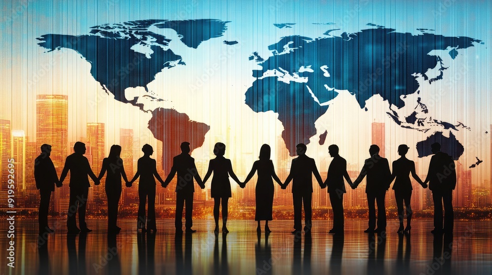 Business people joining hands with a world map backdrop, representing ...