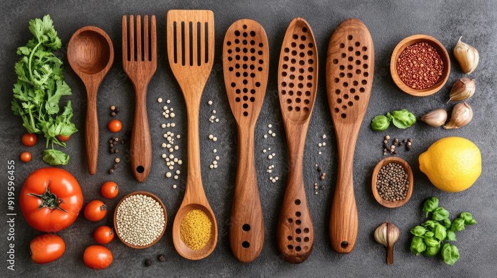 CNC crafted wooden kitchen utensils displayed alongside fresh ...