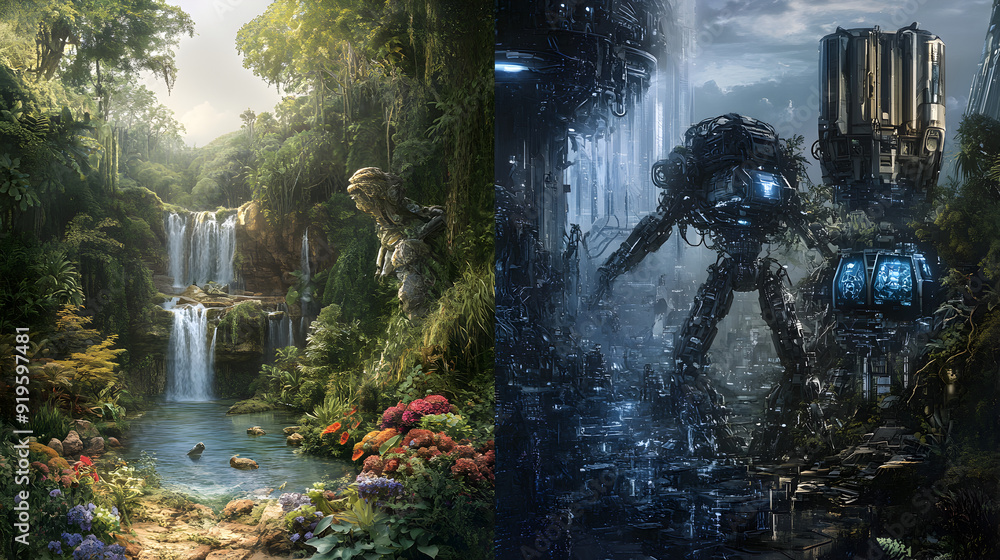 Nature vs. Technology: Create an image divided into two halves. The ...