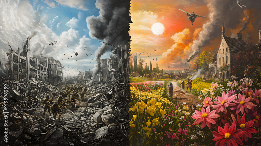War vs. Peace: Design a divided image with the left side portraying a ...
