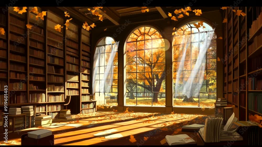 Sunlit library with large windows offering views of autumn foliage ...