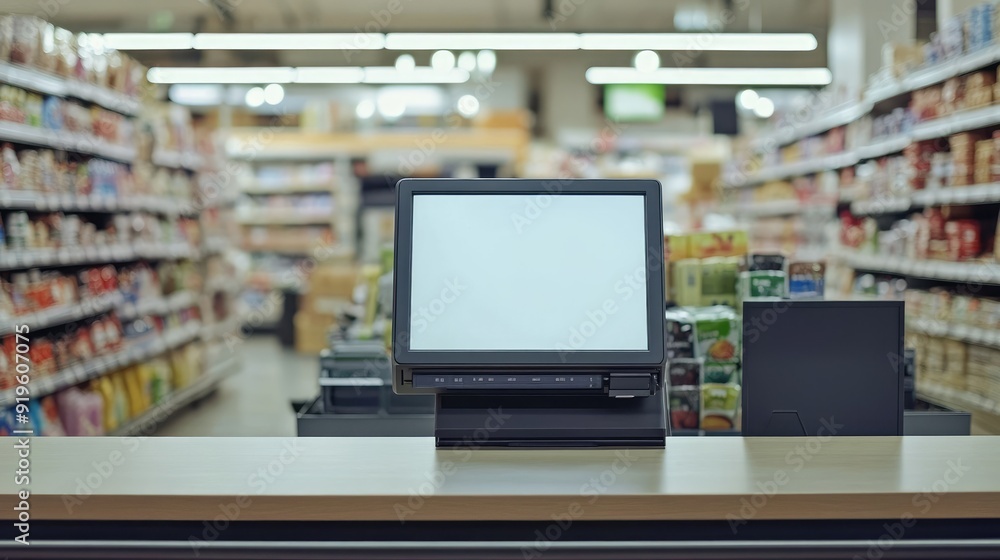 Empty screen at a supermarket checkout, with the store's aisles softly ...