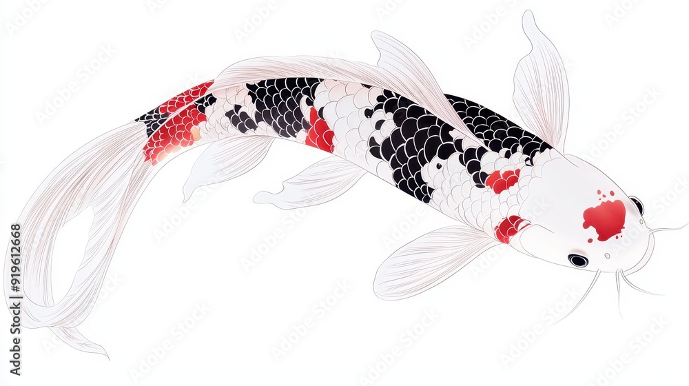 Koi fish gracefully swimming upstream in a traditional Japanese ink ...
