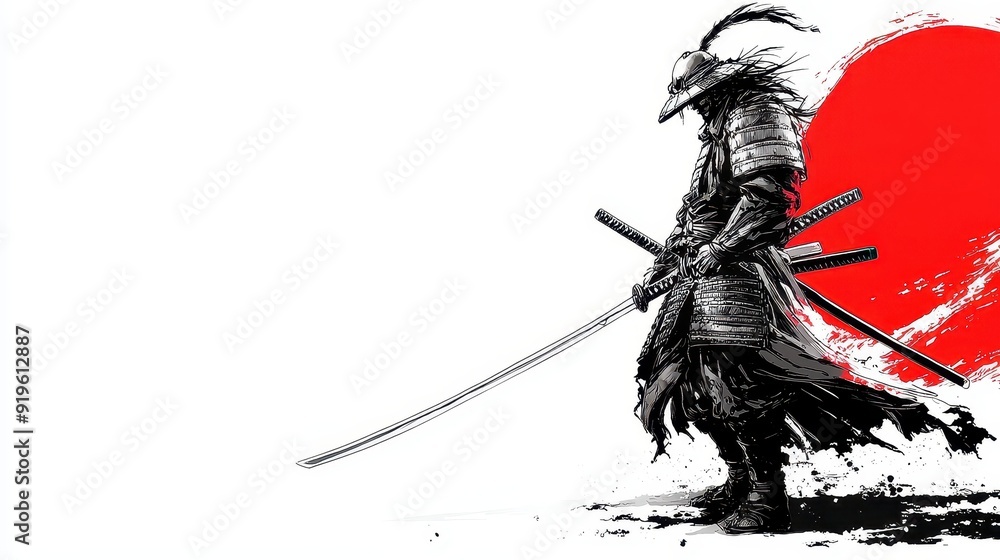 Samurai in Armor, Traditional Japanese ink drawing of a warrior in ...