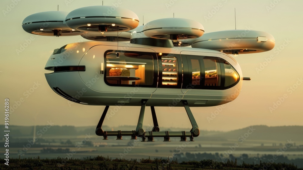 Imagine a whimsical tale where a chef invents a flying food machine ...
