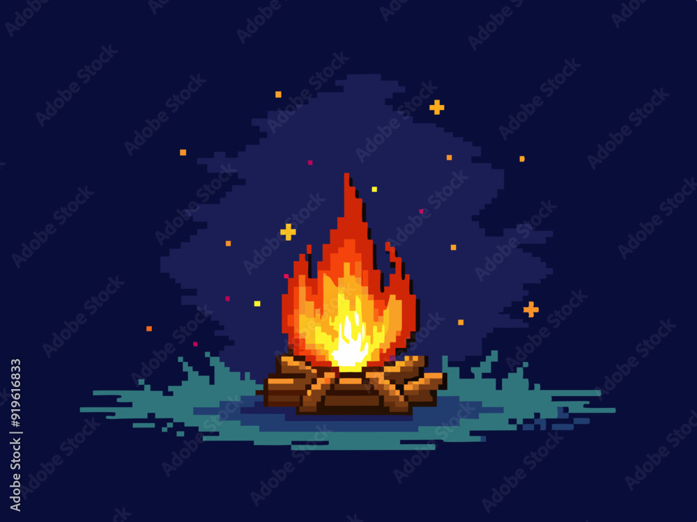Pixel art campfire. Red bonfire, fire wood burning with big flame and ...