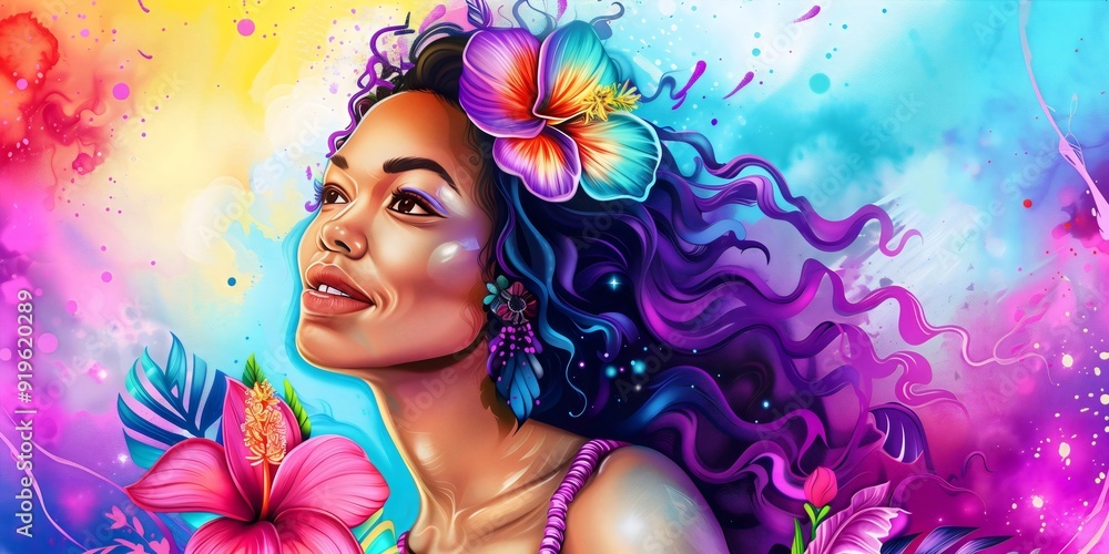 Polynesian Hawaiian woman vibrant surreal dreamscape illustration ...