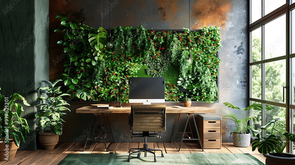 A green office featuring eco-friendly furniture, indoor plants, and ...