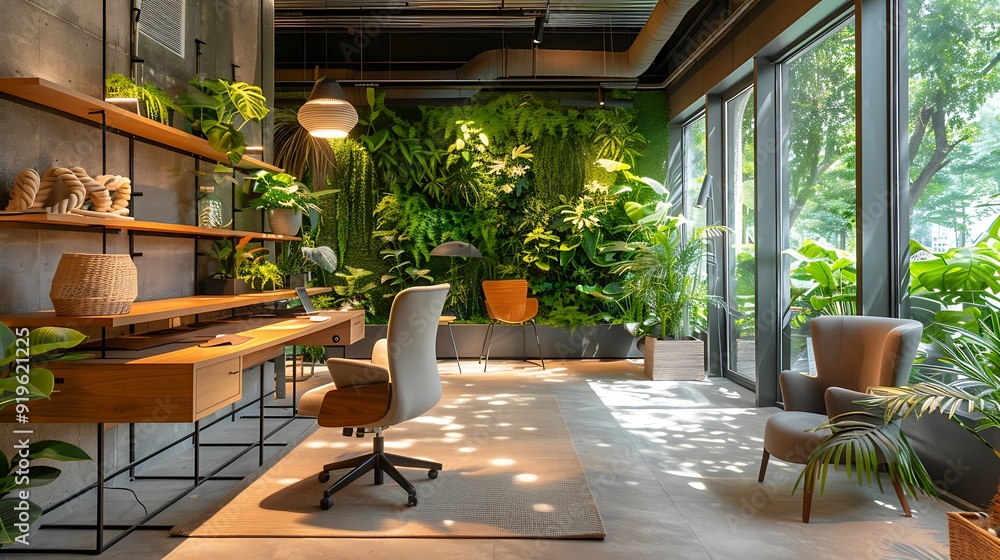 A green office space with eco-friendly furniture, indoor plants, and ...