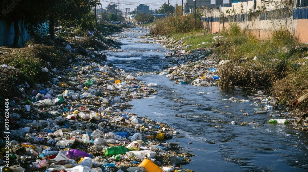 Piles of rubbish clogging a river, causing water flow disruption and ...