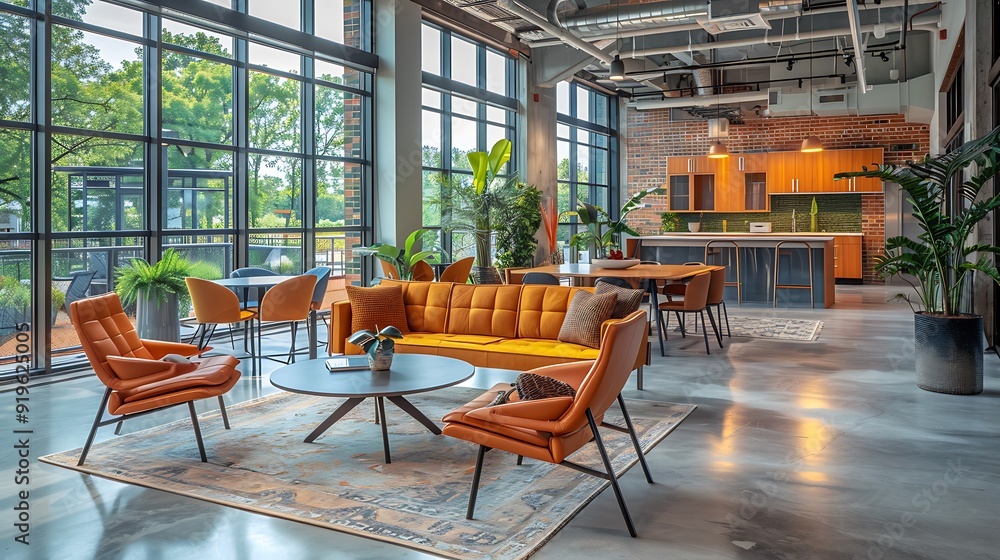 A modern co-working space featuring diverse seating options like shared ...