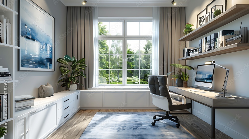 A stylish remote work hub with an ergonomic office chair, a modern desk ...