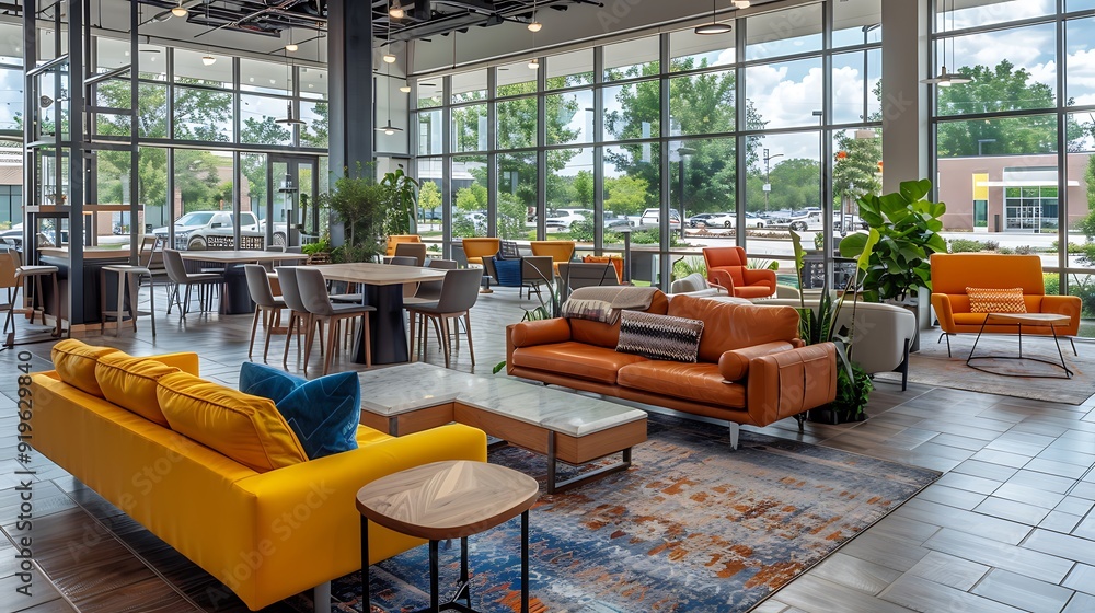 A vibrant co-working space featuring diverse seating such as communal ...