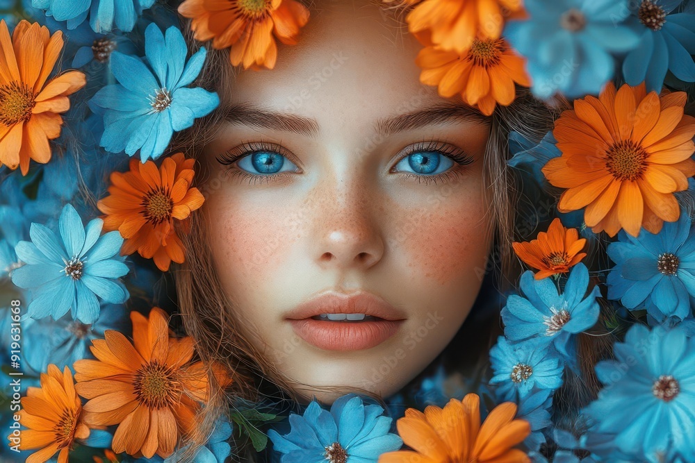 surreal female portrait merged with blooming flowers vibrant petals ...