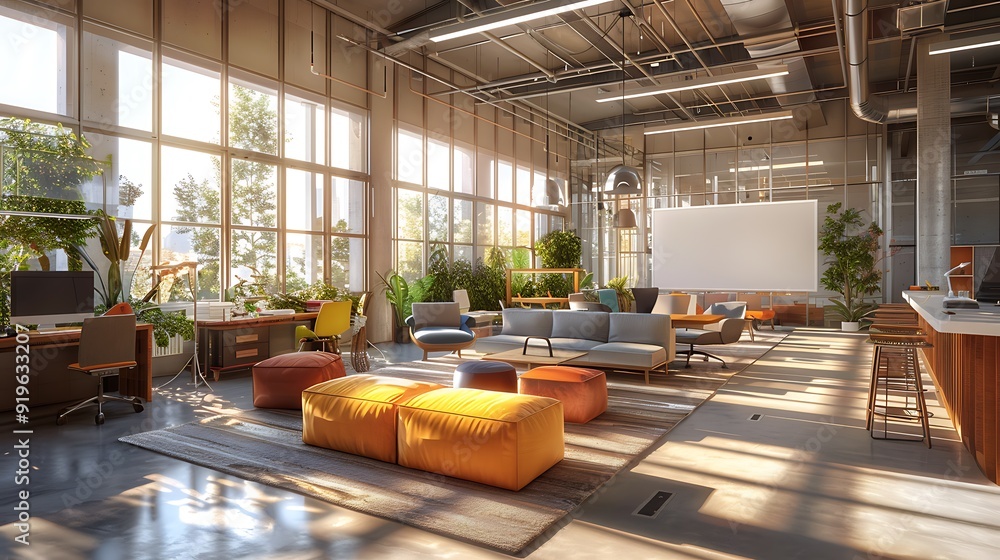 An innovative tech company office with open workspaces, modern ...