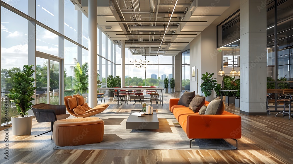 An open plan office with modern open seating arrangements, communal tables, and collaborative ...