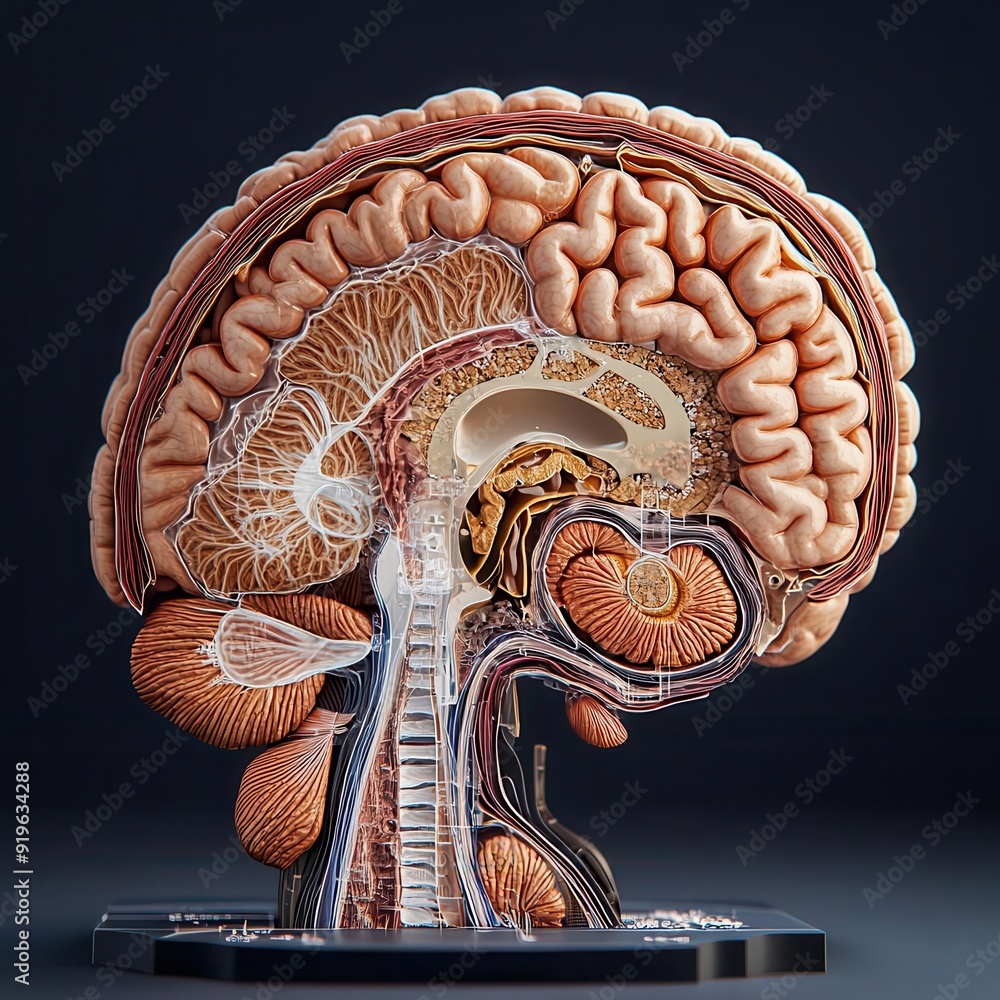 Cross-sectional view of a human brain with highlighted affected areas ...