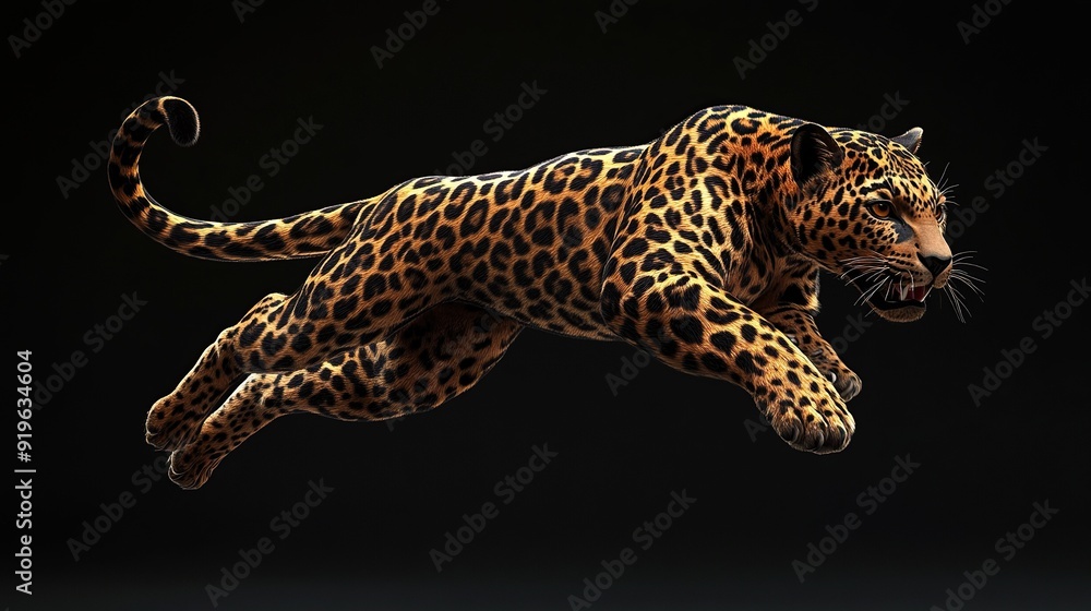 A leopard leaps through the air with its mouth open, revealing sharp ...