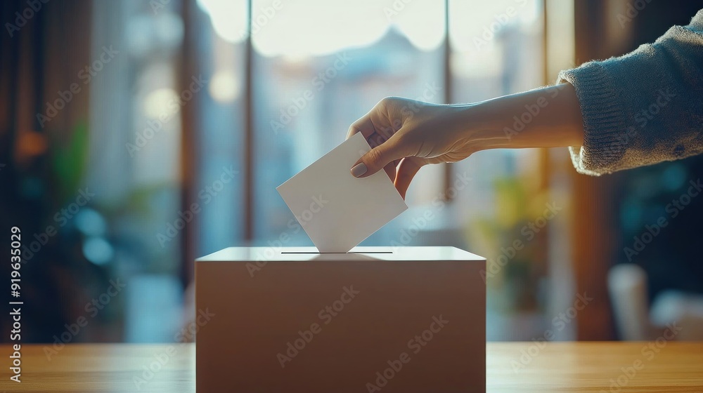 A high-resolution 3D animated depiction of a ballot box with a hand ...