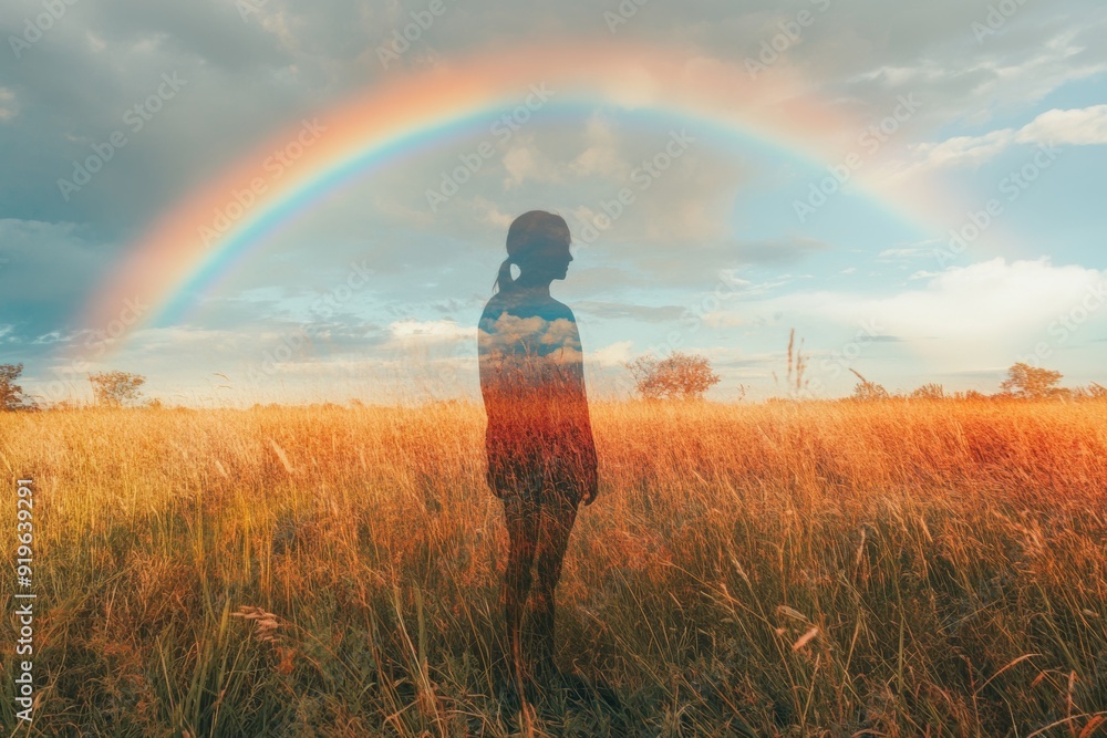 Double exposure photography of a person with a rainbow over a field ...