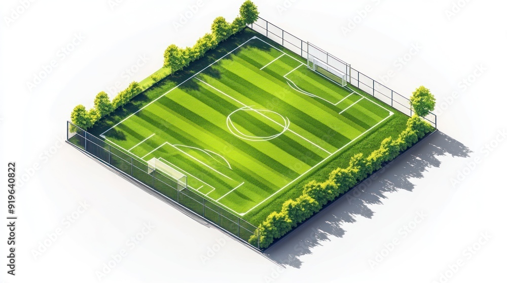 An isometric illustration of a soccer field surrounded by a fence and ...