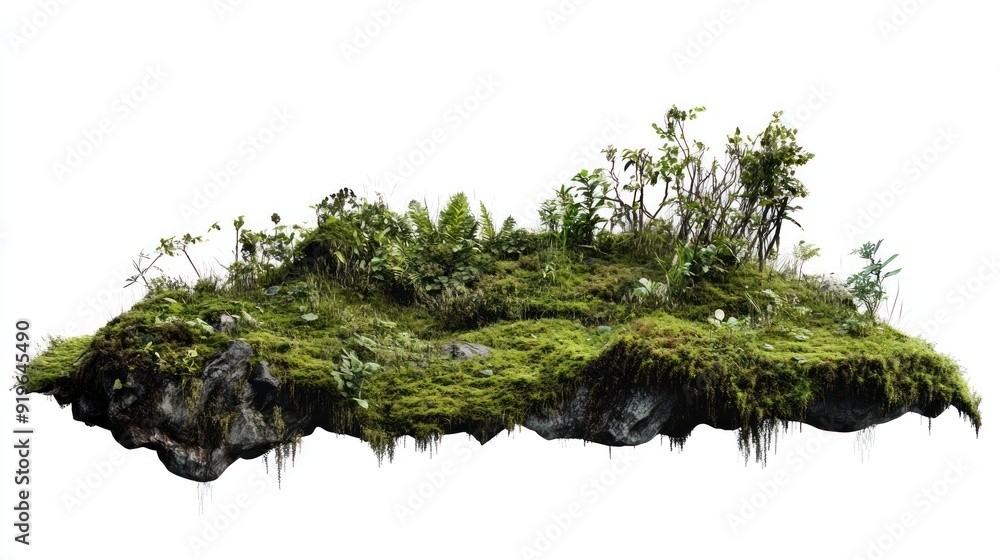 Isolated chunk of floating earth with lush greenery, moss, and small ...