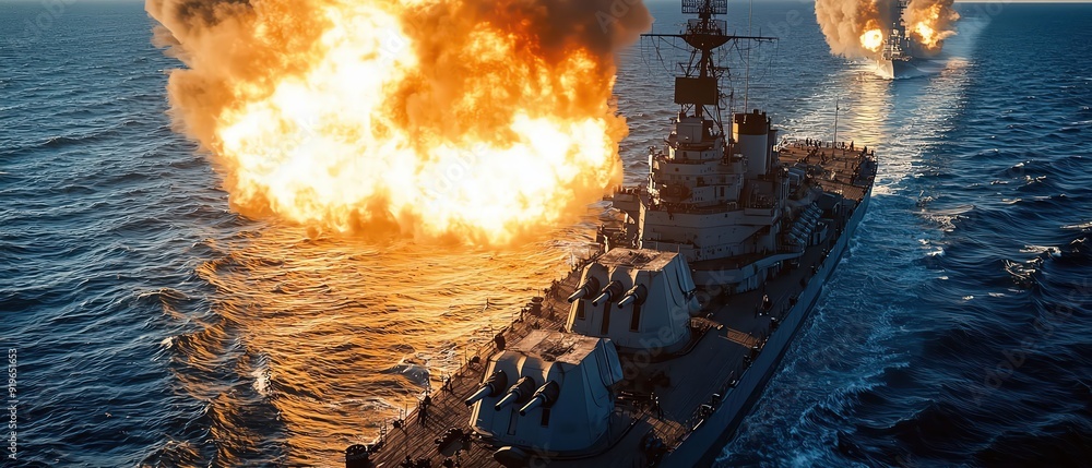 Battleship firing a broadside during a naval engagement, with flames ...