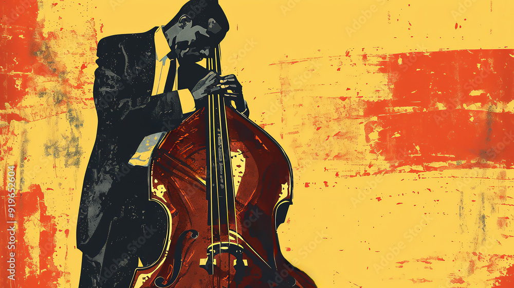 Afro-American male double bass jazz musician playing music in an ...
