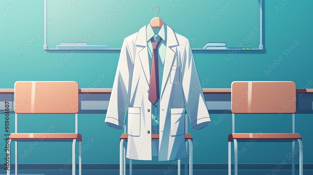 Illustration of a lab coat hanging on a classroom chair, centered ...
