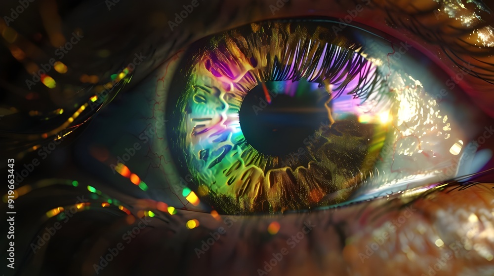 Human multicolored iris of the eye animation concept. Rainbow lines ...