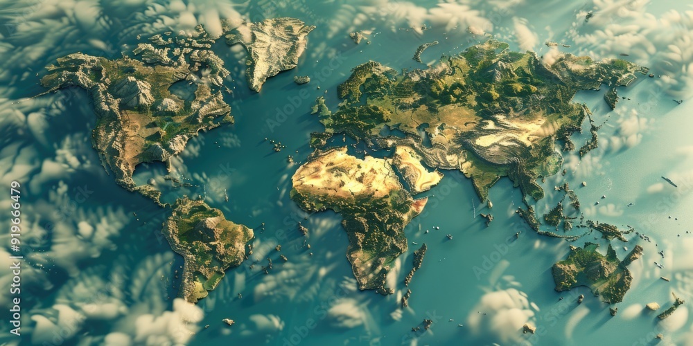 Global world map on a cloudy sky background, showcasing the planet's ...