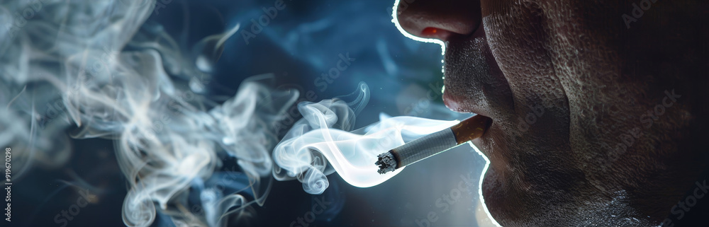 A close-up profile of a person smoking, capturing the delicate tendrils ...