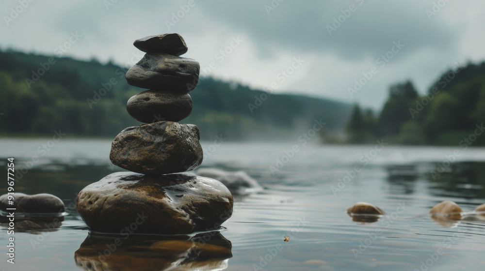 A stack of stones balanced on top of each other in a river. The stones ...