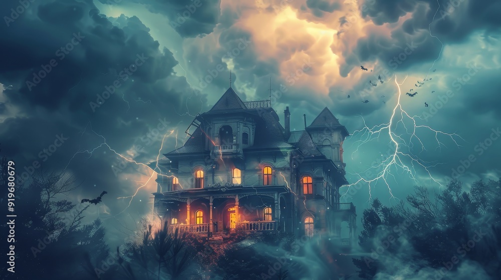 A large, ominous mansion stands on a hill, shrouded in mist and surrounded by dark, stormy ...