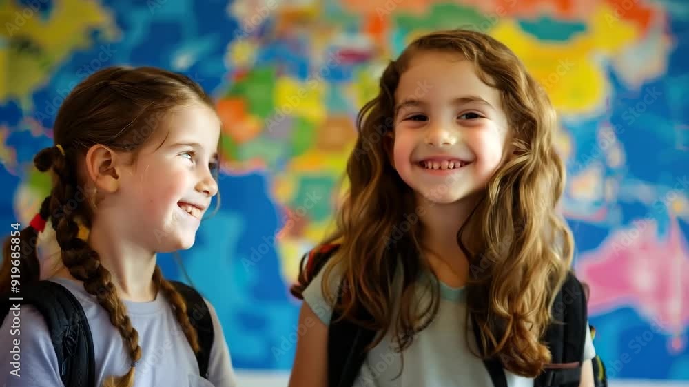 Two girls share joyful smiles as they pose in front of a vibrant world ...