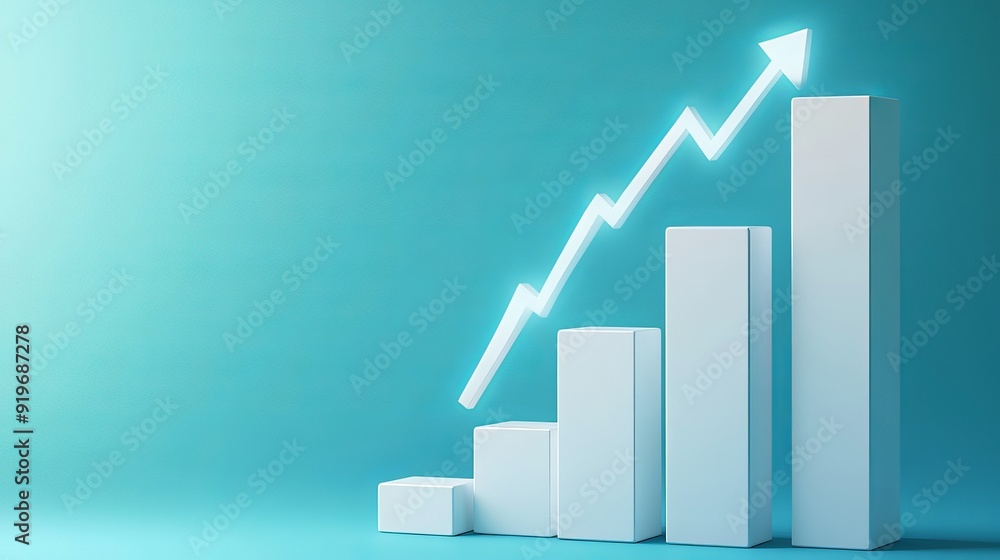 Upward glowing arrows on white business blocks chart steps on a blue ...