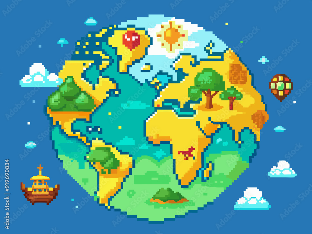 Pixel Earth. Globe world map in color and silhouette pixel art 8 bit ...