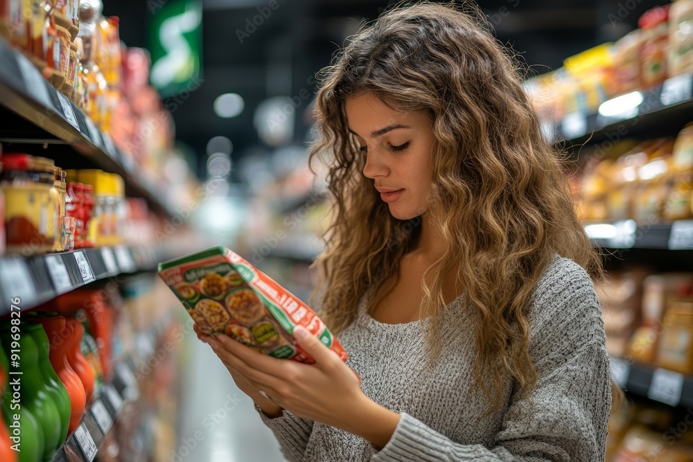 Female shopper reading the label of a food product in a grocery store ...